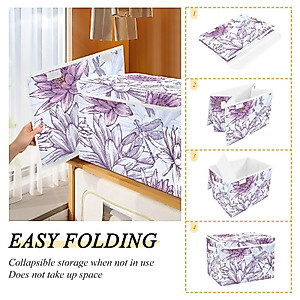 Joisal Purple Lilies And Dragonflies Baskets with Lids for Organizing Fabric Storage Bins for Shelves for Home Bedroom Office
