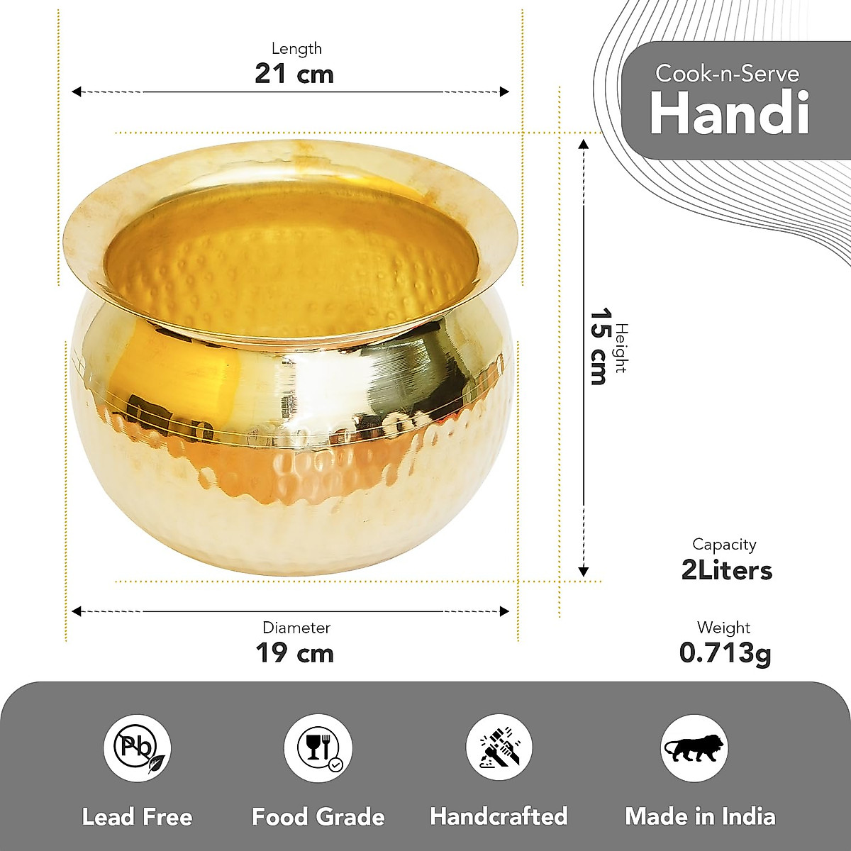 Ekhasa 100% Pure Brass Heavy Weight Biryani Handi for Cooking & Serving (2 L Water Capacity) | Biryani Pot or Pongal Pot or Lagan Handi for Home Kitchen, Hotel or Restaurant | Pital Handi for Cooking