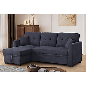 YOPTO 81.5" Sectional Sleeper Sofa Bed,Convertible L Shaped Pull Out Couch with Storage Chaise & Pillow,Woven Upholstered Loveseat W/Removable Back Cushion for Living Room,Apartment,Office,Dark Blue