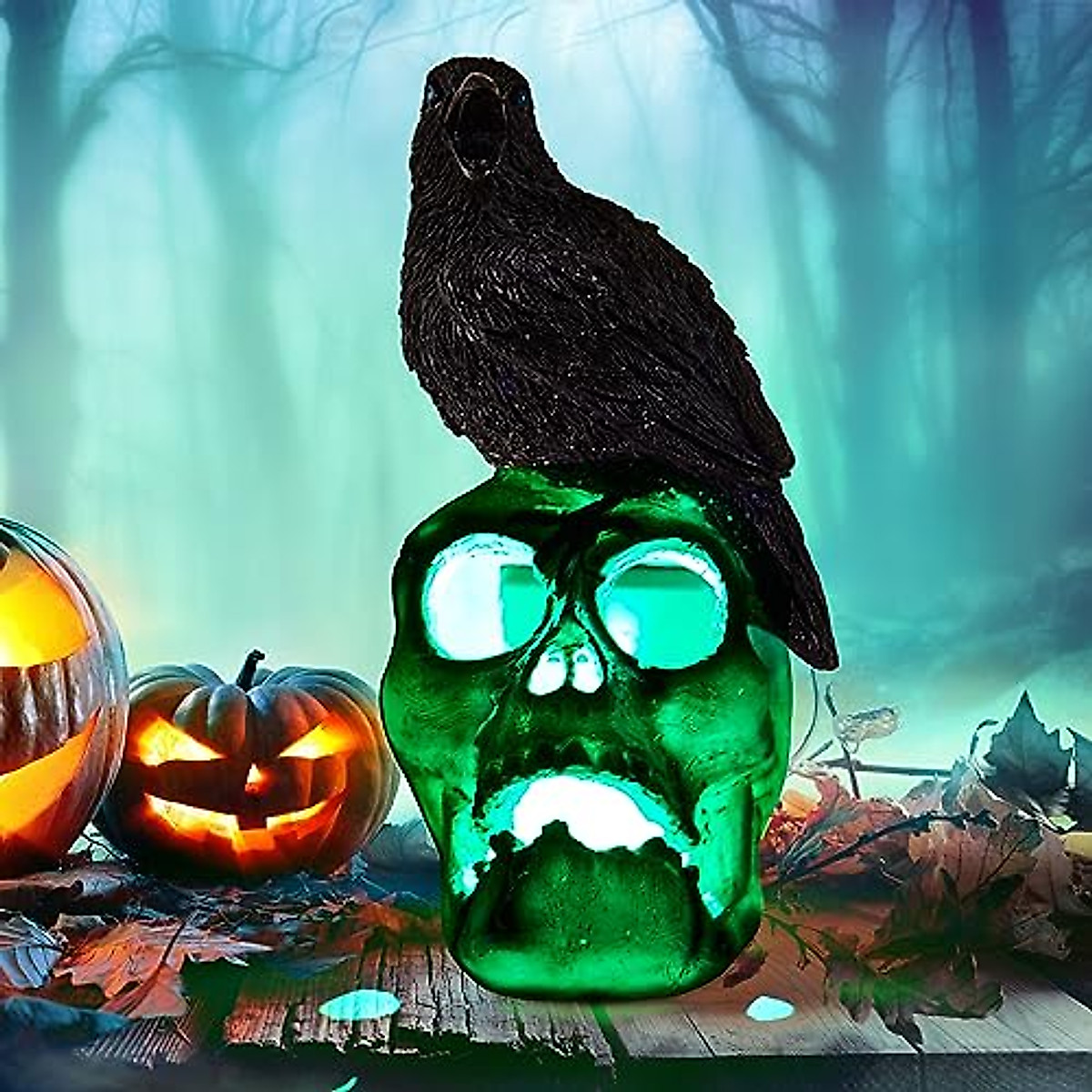HUYIENO Solar Halloween Decoration with Crow in The Skeleton Solar Powered Garden Lights Color Changing LED Halloween Yard Lawn Party Outdoor Decorations