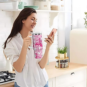 Burbuja Flamingos Standing on One Leg 40oz Insulated Tumblers with Handle and Straw Lid, Double Wall Stainless Steel Travel Mug Leak-Proof, BPA Free, Gift for Mom Dad