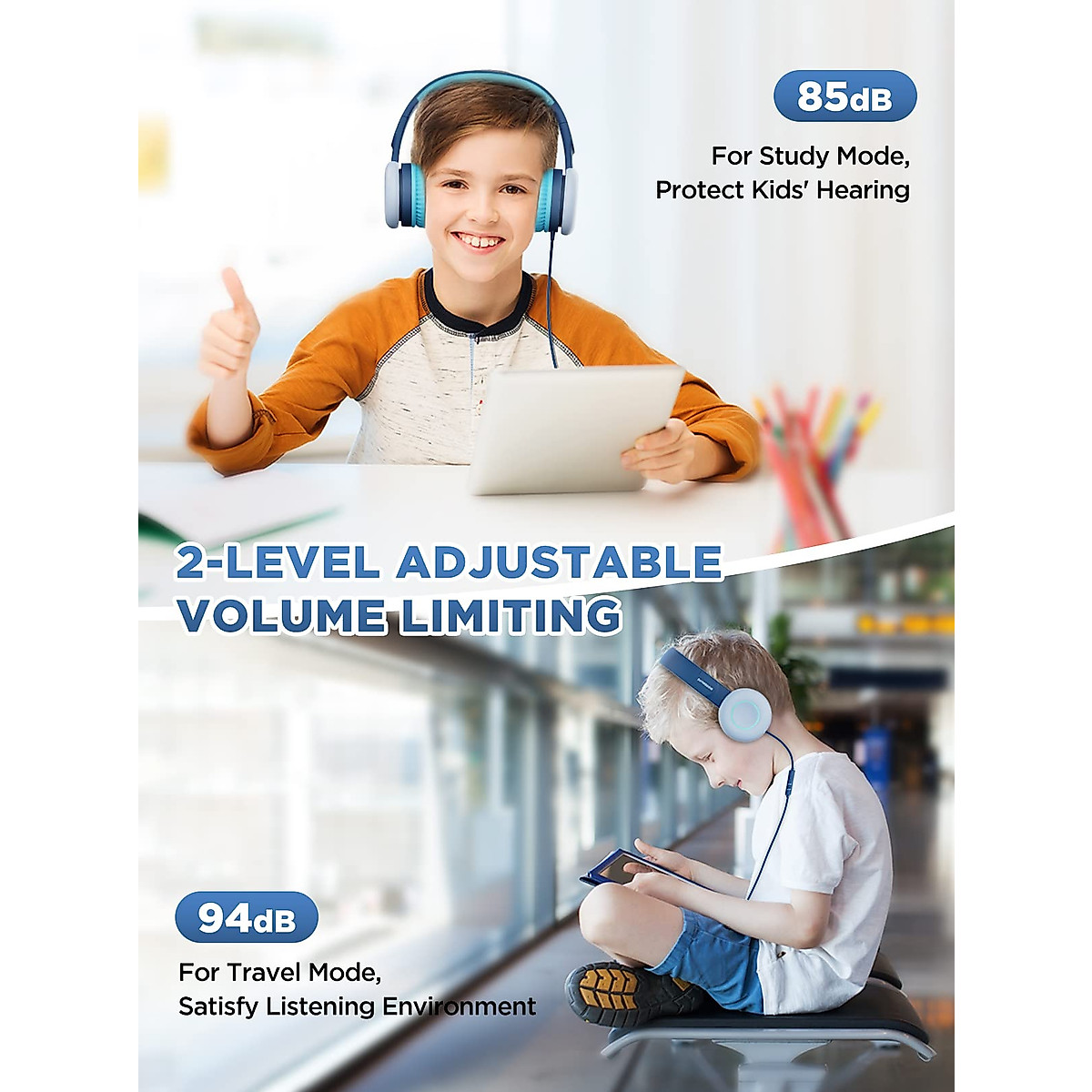 BIGGERFIVE Kids Headphones, Wired Headphones for Kids Boys Girls, 85/94dB Safe Volume Limited, Microphone, Foldable, 3.5mm Jack Stereo Child Teens Headphones for School/Travel/iPad/Tablet, Blue