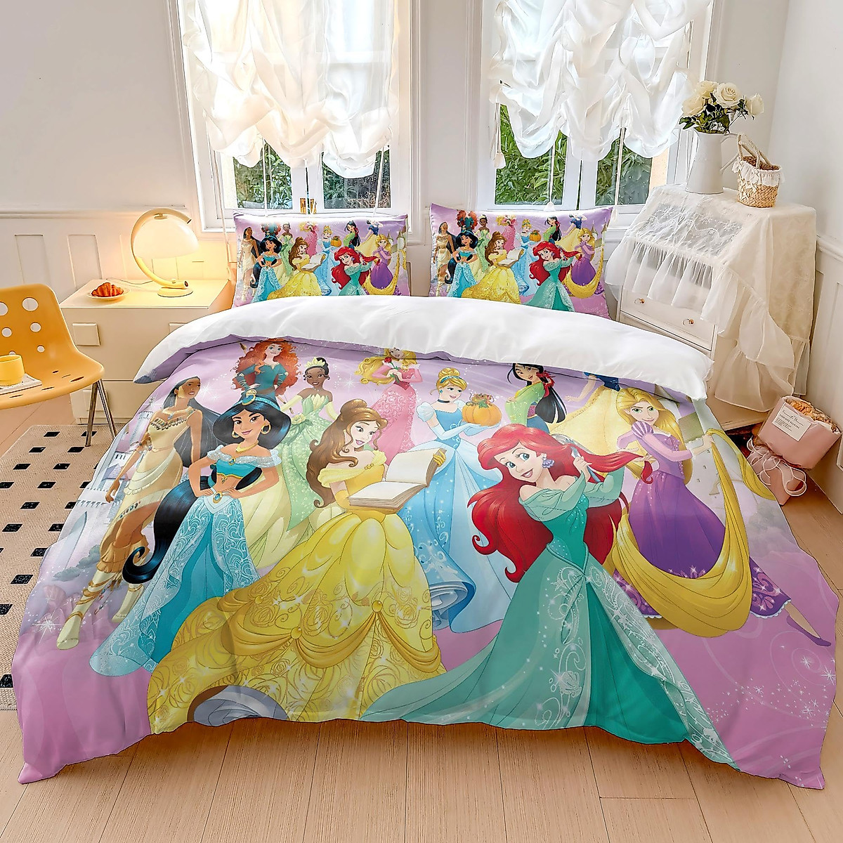 LHASA Cartoon Princess Series Duvet Cover 3 Piece bed set, room personality bedding decor for teens kids (02,Queen 90x90in + 20x30in)