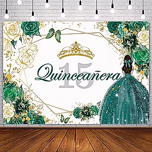 Sendy 7x5ft Quinceanera 15th Birthday Backdrop for Sweet Girl Mis Quince Anos 15th Birthday Party Decorations Green Gold Glitter Floral Crown Butterfly Banner Photography Background Cake Table Props