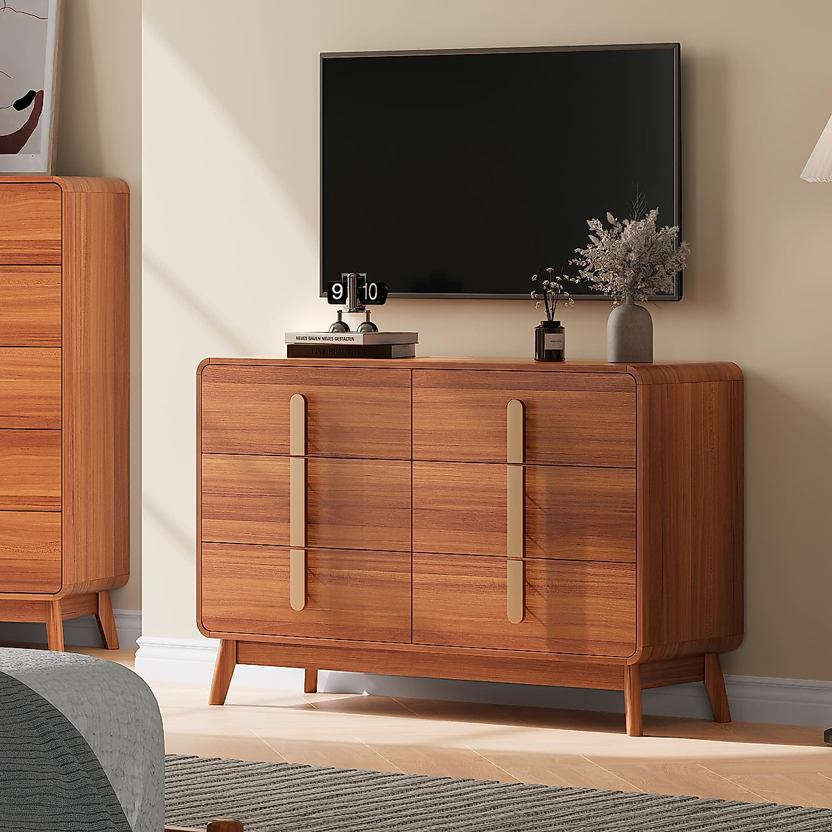 JOINICE,Mid Century Modern Dresser,6 Drawer Dresser with Storage,Chest of Drawers with Metal Handle,Dresser TV Stand,Large Wood Drawer Organizer for Bedroom,Living Room,Hallway,Cherry