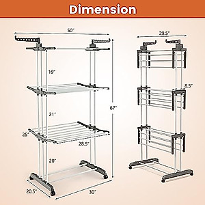 GOFLAME 4-Tier Clothes Drying Rack, Collapsible Clothes Horse Rack with Rotatable Side Wings and Foldable Shelves, Freestanding Garment Dryer Stand with Casters for Indoor and Outdoor Use