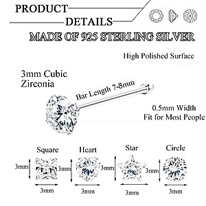 Sllaiss 8Pcs 22G Sterling Silver Nose Rings Studs Tiny 3mm Assorted Shapes CZ Inlaid Nose Body Piercing Jewelry