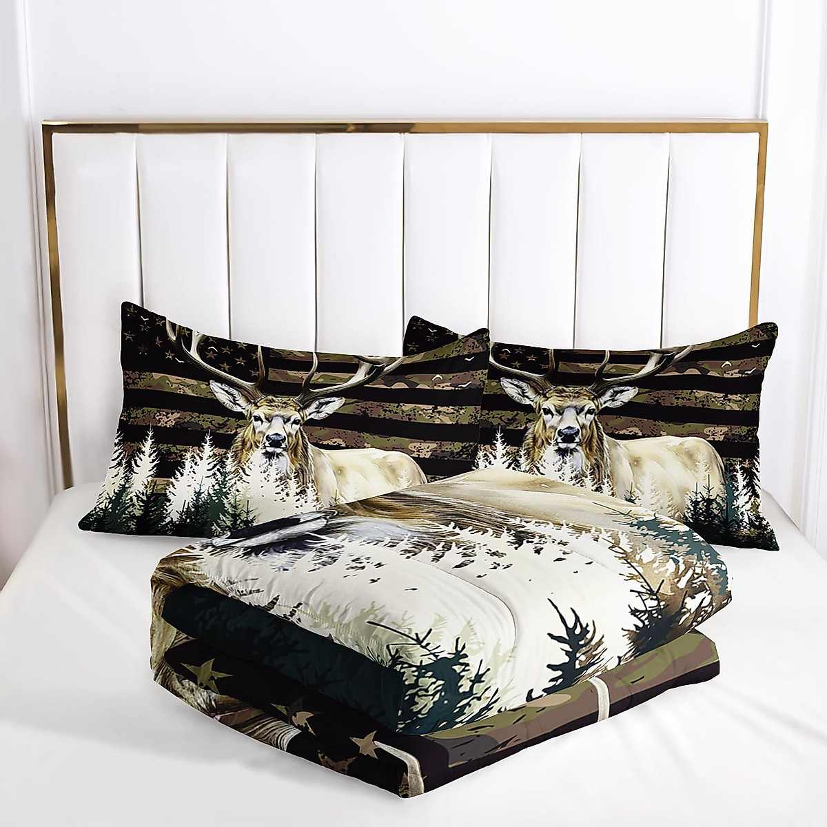 Ntlfup Deer Comforter Sets for Boys Kids Teens American Flag Camo Bedding Sets, Full Size Western Farmhouse Wild Animal Quilt Black White Home Decor 3 Pcs with 1 Comforter 2 Pillowcase