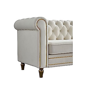 Goohome 84.65" Chesterfield Sofa, 3-Seater Velvet Deep Button Tufted Sofá Upholstered Love Seat Couches with Rolled Arm, Gold Strip Trim, for Bedroom Office Apartment Living Room Furniture, Beige