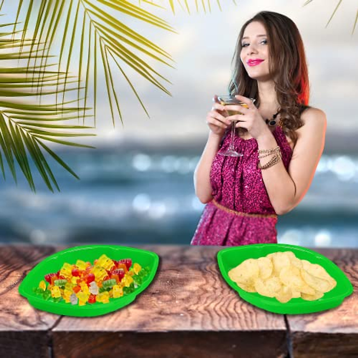 12 Pcs Palm Leaf Hawaiian Party Serving Tray Plastic - Candy Bar Food Holder, Buffet food Plates for Luau Jungle Tropical Party Supplies Table Centerpiece Decoration