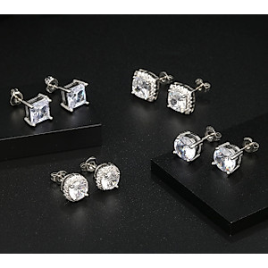 Zankulas Cubic Zirconia Stud Earrings for Women Mens Earrings Hypoallergenic Sterling Silver Post Square CZ Studs Set Silver