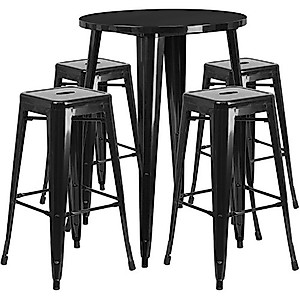 Flash Furniture 30'' Round Black Metal Indoor-Outdoor Bar Table Set with 4 Square Seat Backless Stools