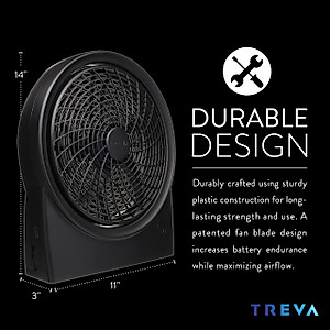 Treva 10 Inch Portable Rechargeable Fan & Battery Powered, 3 Speed Adjustable Personal Fan, Indoor Cooling, Camping, Hurricane Readiness