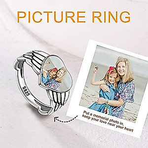 SILVERCUTE Angel Wings Ring with Picture Sterling Silver Feather Heart Engagement Ring Custom Photo Keepsake Jewelry for Women, Size 5 to 11