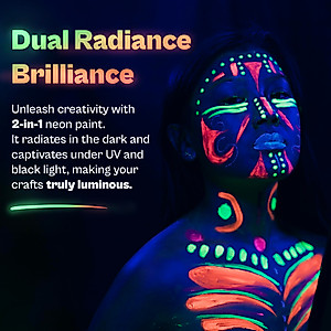 Neon Glow in the Dark UV Paint Kit - 8 Colors, Brushes, Paint Pallet, and Stencils - Self Luminous Acrylic Paints for Party Decor, Festivals, Body & Face Art - Blacklight Activated
