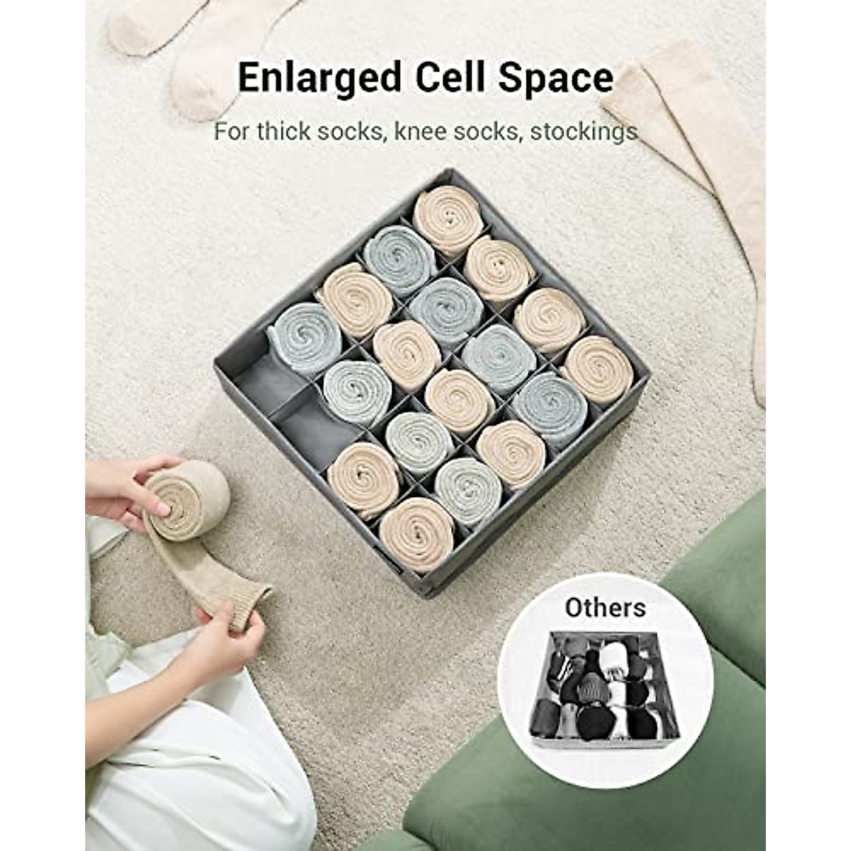 HogarTech Sock Orgainzer for Drawer, Durable Oxford Cloth, Removable Base Board, Sturdy Construction with Double Zippers, Dresser Organizer for Sock, 3 Pack, Grey