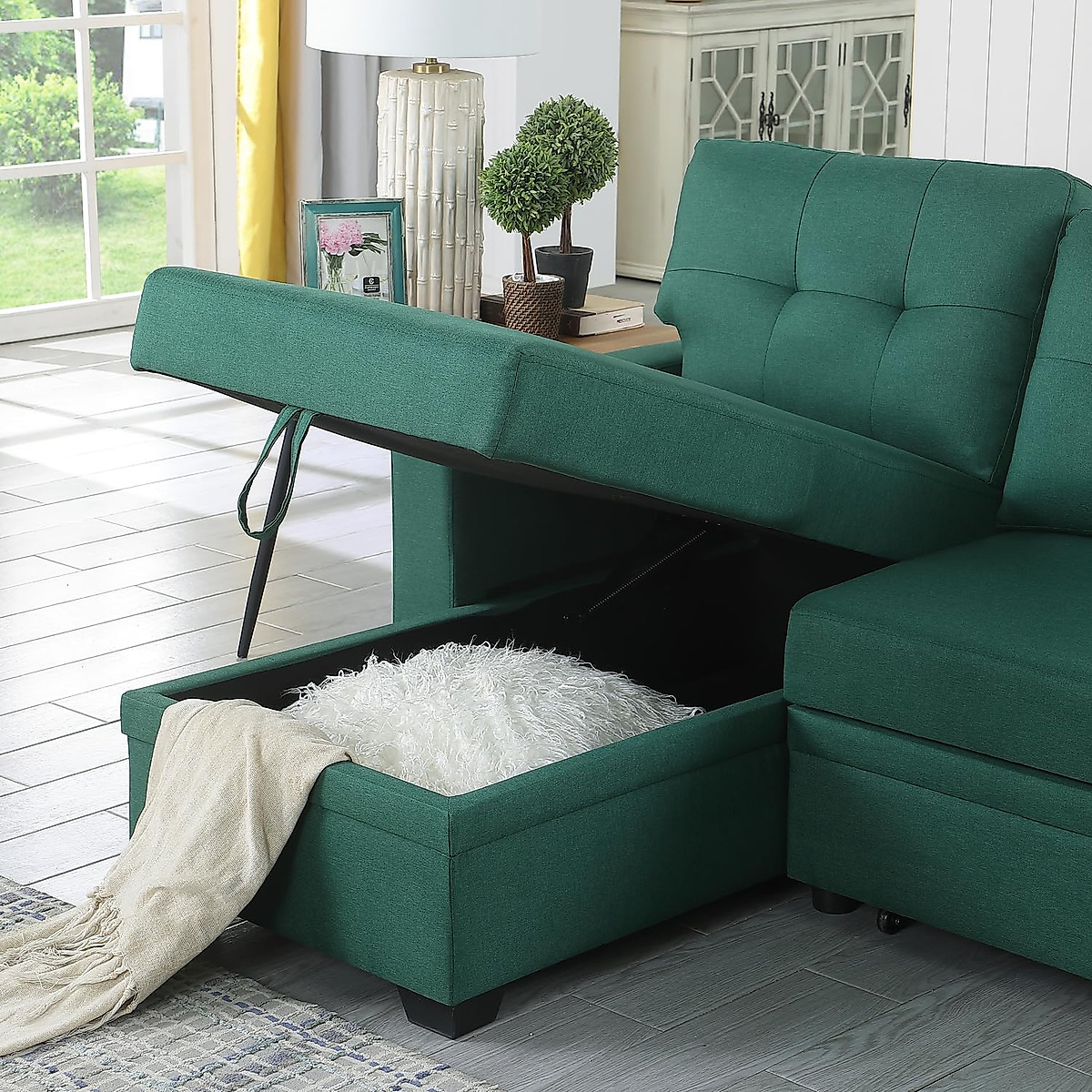 Devion Furniture L-Shaped Polyester Fabric Reversible, Easy Convertible Pull-Out Sleeper Sectional Sofa/Storage Chaise with Tufted Back Cushions and Track Arms in Green