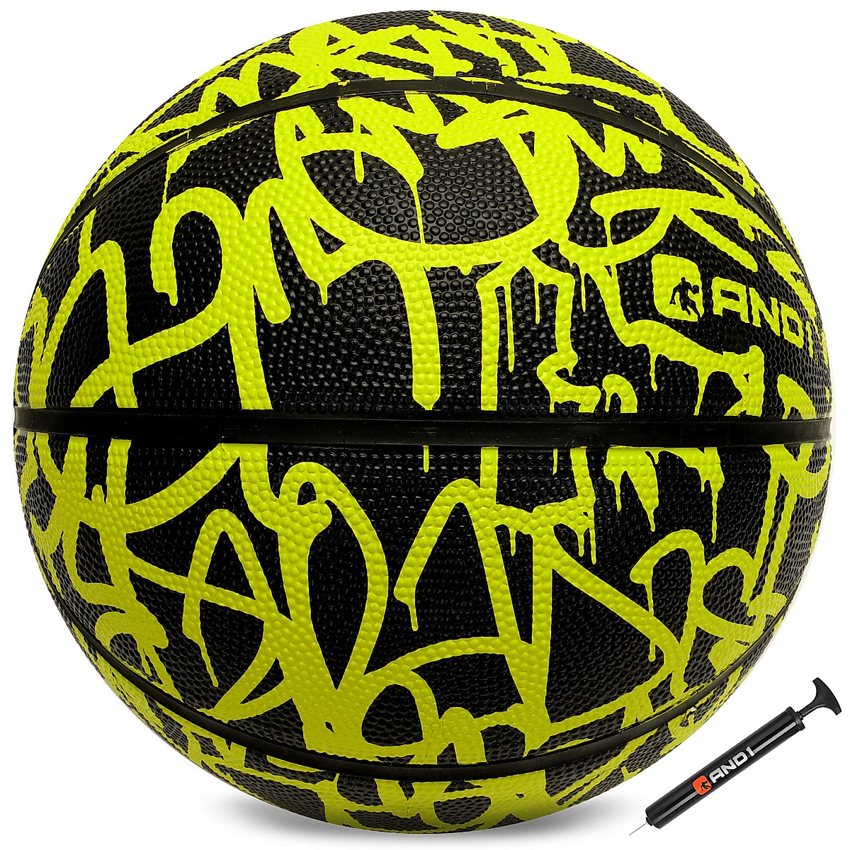AND1 Fantom Rubber Basketball & Pump (Graffiti Series)- Official Size 7 (29.5”) Streetball, Made for Indoor and Outdoor Basketball Games (Volt)