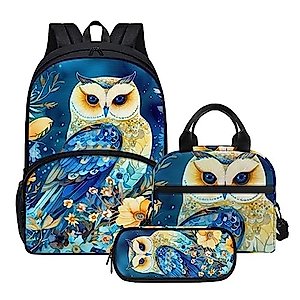 Pinupub Kids Blue Owl Flowers Backpack 3pcs Set Including 17 Inch Large School Bag With Lunch Bag And Practical Pen Bag