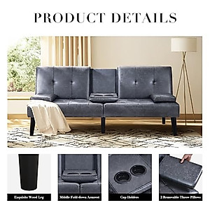 COLAMY Futon Sofa Bed-Leather Small Futon Couch, Futon Lounge Sofa, Futon Convertible with Cup Holder, Removable Armrest, Adjustable Backrest Darkgrey