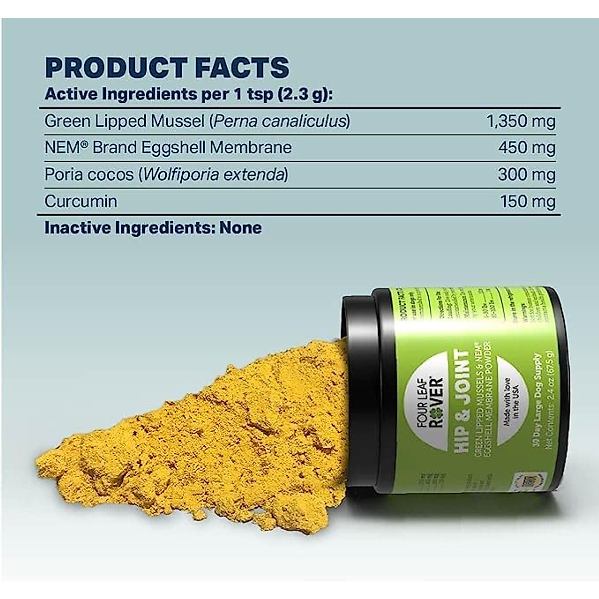 Four Leaf Rover Hip & Joint - Mobility & Joint Support with Glucosamine and Chondroitin for Dogs, 2.4 oz - 22 to 60 Day Supply, Depending on Dog’s Weight - Vet Formulated - Easy to Mix - Delicious