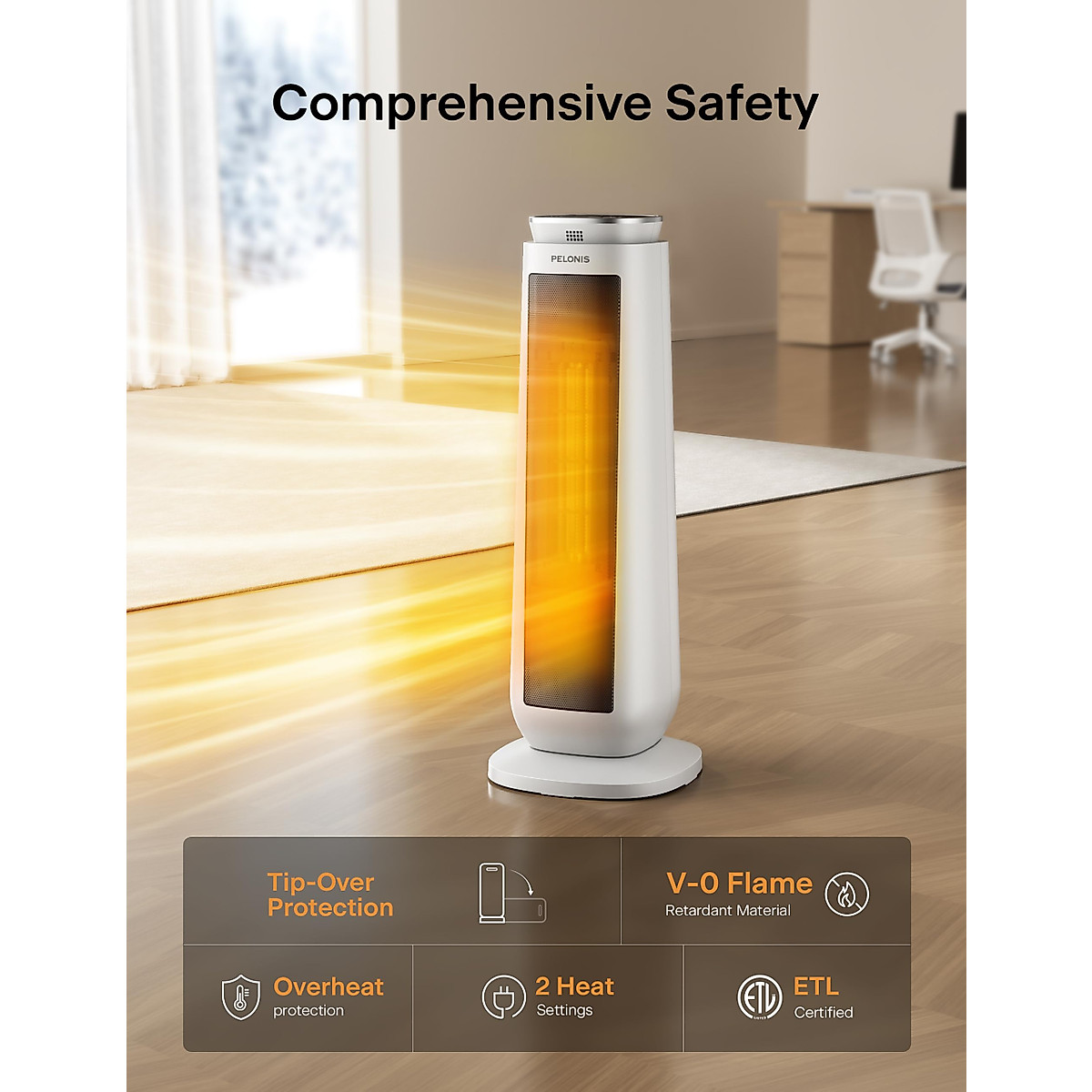 PELONIS PHTPU1501 Ceramic Tower 1500W Indoor Space Heater with Oscillation, Remote Control, Programmable Thermostat & 8H Timer, ECO Mode, Tip-Over Switch & Overheating Protection, White