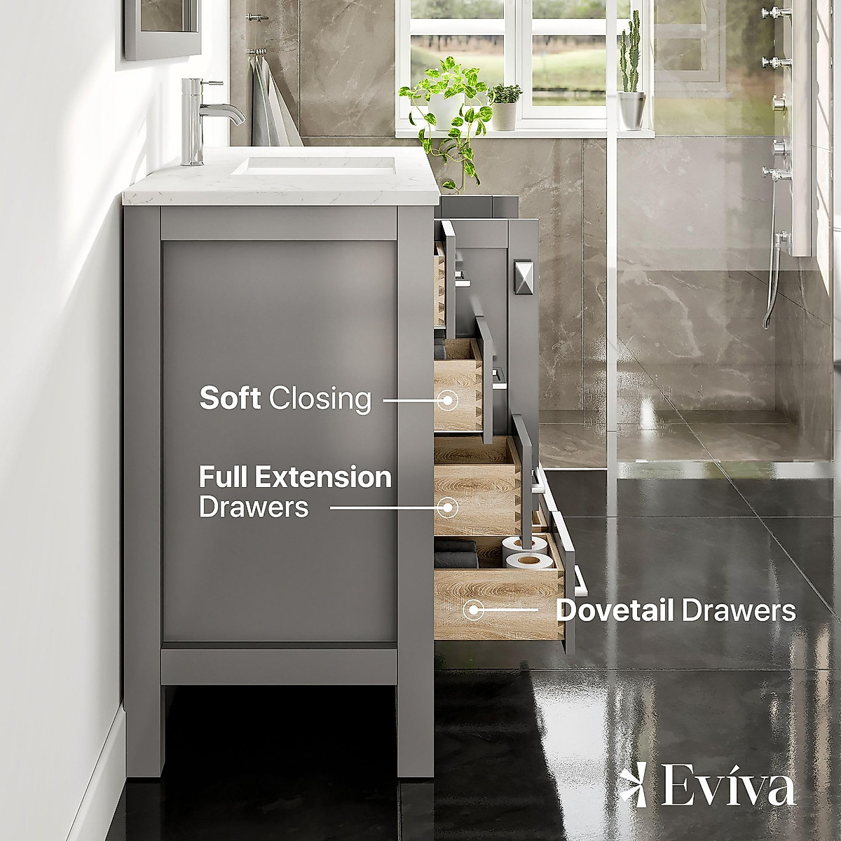 Eviva Bathroom Vanity Cabinet 36in White - Solid Wood w/9 Drawers, Porcelain Sink & Marble Countertop - Gray