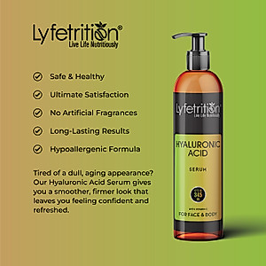 Lyfetrition Hyaluronic Acid Serum for Skin, Moisturizing and Hydrating Serum for All Types of Skin, 100% Natural Face Serum with Vitamin C & Aloe Vera (12 Fl Oz), Clear Serum, (Lyfe7581)