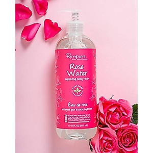 RENPURE Plant Based Organic Natural Rose Water Coconut Oil Body Wash, Sulfate Free Moisturizing Shower Gel Sensitive Skin with Pump for Women, Rose Water, 19 Fl Oz