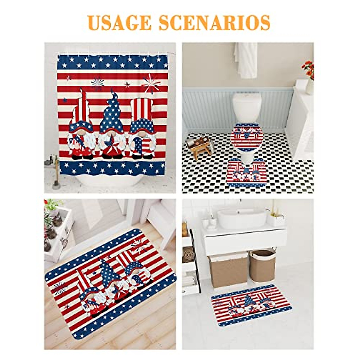 Comforance 4 Pcs Shower Curtain Set with Rug, Independence Day Star Bathroom Curtains Shower Set Toilet Mat Lid Rug Bathroom Sets Shower Curtain Sets with Hooks, Cute Gnomes Red Blue Stripes