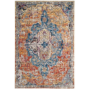 SAFAVIEH Bristol Collection Area Rug - 10' x 14', Blue & Orange, Boho Chic Medallion Distressed Design, Non-Shedding & Easy Care, Ideal for High Traffic Areas in Living Room, Bedroom (BTL350S)