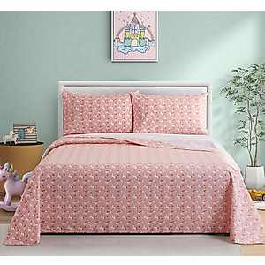 Marina Decoration Kids Girls Toddlers Cute Printed 600 Thread Count Soft Deep Pocket Cotton Blend Percale All Season 3 Pieces Bedding Sheet Set, Pink Unicorn Rainbow Pattern Twin/Single Size