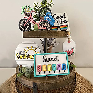 Summer Tier Tray Decor Summer Decor Summer Time Hello Summer Hierarchical Tray Decorative Set Summer Wooden Decorative Wooden Kitchen Hierarchical Kitchen Pictures (Blue #7, One Size)