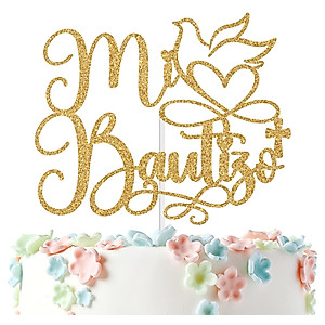 Mi Bautizo Cake Topper, Spanish First Holy Communion, My Baptism Day, Bridal Shower/Wedding/Baptism/Christening Baby Shower Party Decorations, Gold Glitter