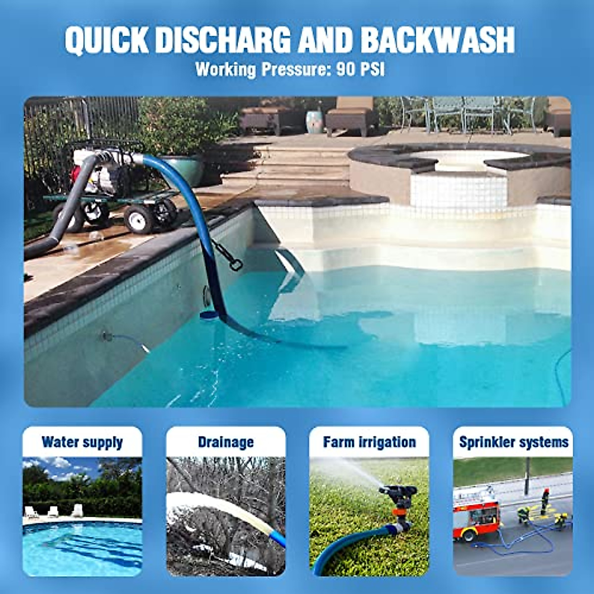 1.25" Dia x 50 ft Discharge and Backwash Hose for Swimming Pools, Heavy Duty Reinforced Lay Flat Discharge Hose for Water Transfer Applications