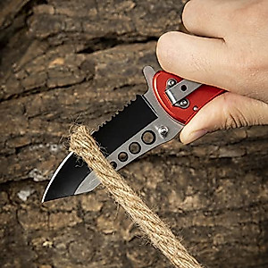 Dispatch Folding Pocket Knife Red Aluminum Handle with Saw Rope Cutter and Glass Breaker, Multifunction for Outdoor Hunting Camping Hiking EDC Tool