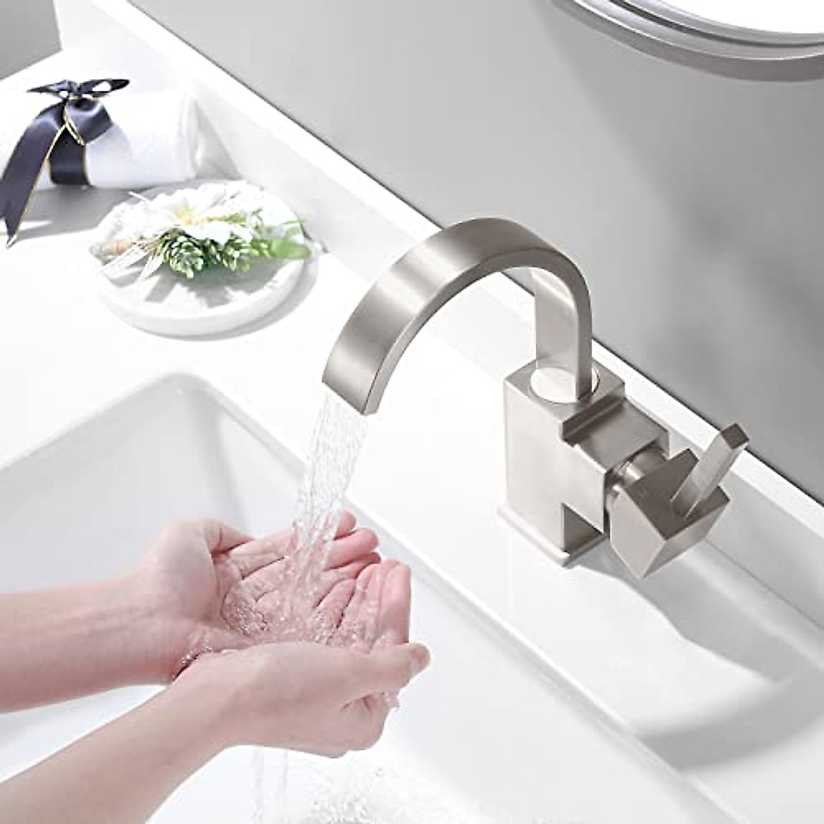 Brushed Nickel Single Hole Bathroom Faucet, Waterfall Single Handle RV Bathroom Faucet Fit for 1 or 3 Hole, with Deck Plate, Swivel 360 Degree Spout, Pop Up Drain and Water Supply Line, SGF05-BN
