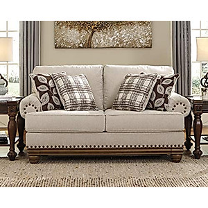 Signature Design by Ashley Harleson Modern Farmhouse Loveseat with Nailhead Trim and 4 Accent Pillows, Beige