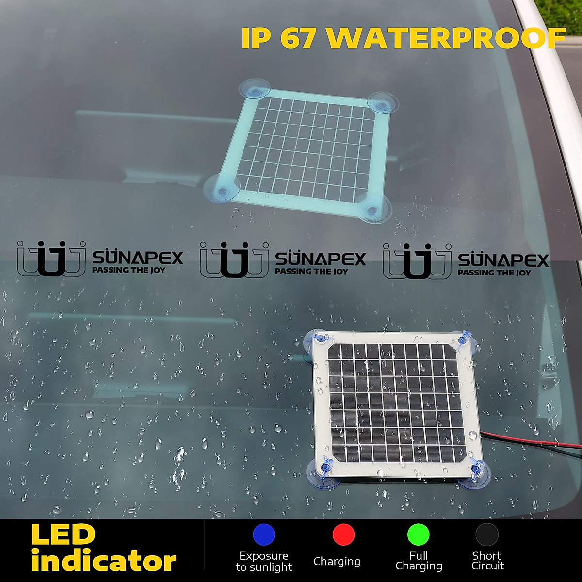 SUNAPEX Solar Battery Charger Maintainer, 5W 12V Portable Waterproof Solar Panel Trickle Charger with Built-in Charge Controller, Cig Plug, Alligator Clips, O-Rings for Car, Truck,Tractor, Boat, etc