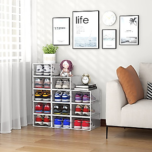 SESENO. 12 Pack Shoe Storage Boxes, Clear Plastic Stackable Shoe Organizer Bins, Drawer Type Front Opening Shoe Holder Containers