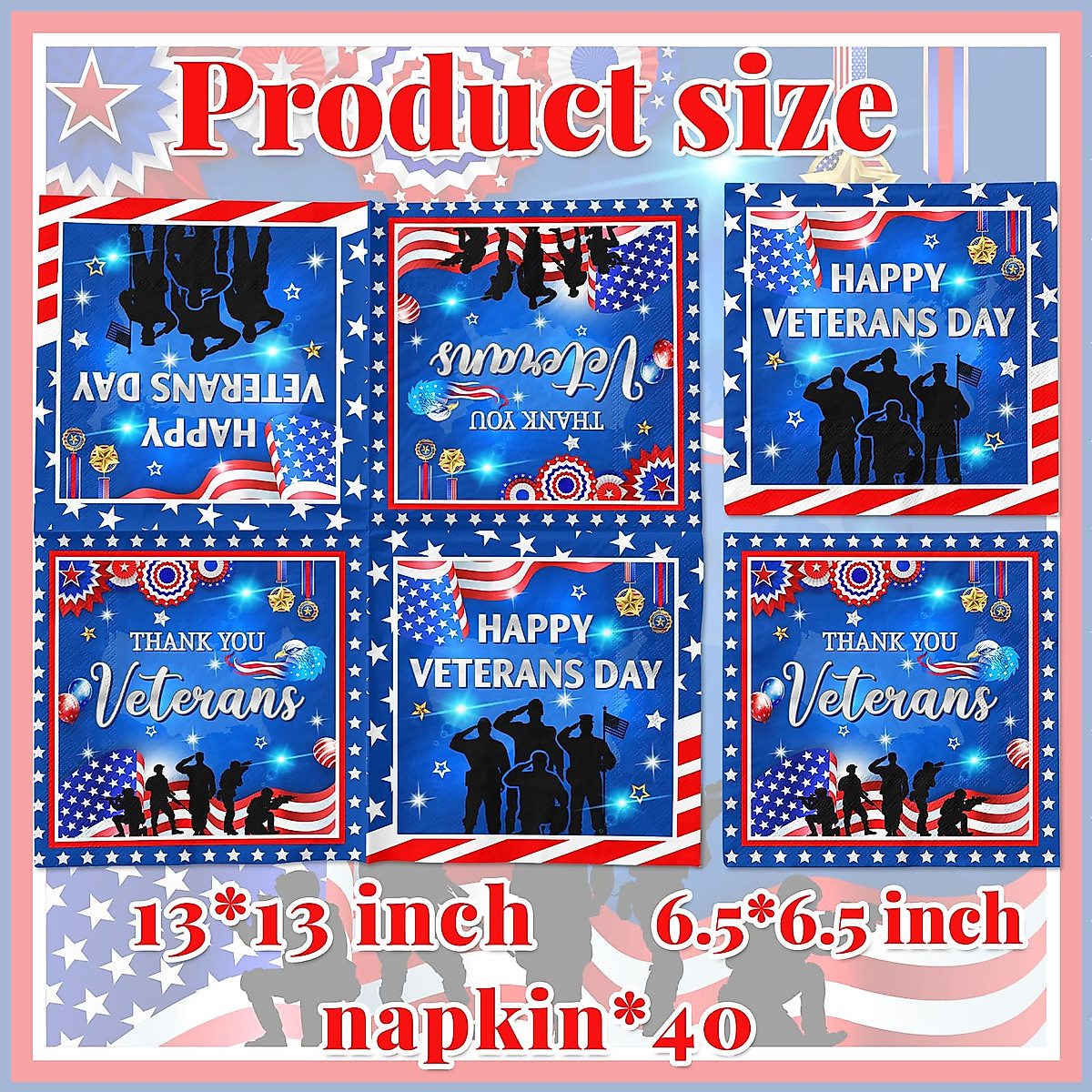 Veterans Day Decorations Napkins, 40Pcs Thank You Veterans Napkins Disposable Red Blue and White Happy Veterans Day Napkins, Decorations for Veterans Day Napkins for Patriotic Party