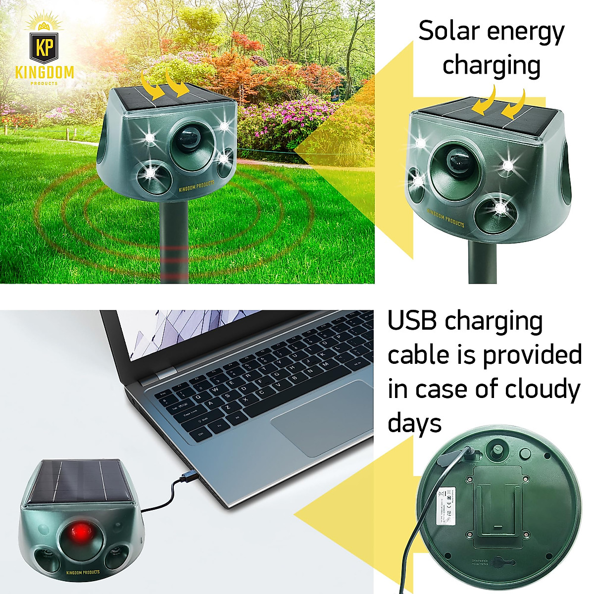 Fall 2024 Animal Repellent Outdoor with Automatic Frequencies, 2 Motion Detectors, 2 Alarms, 8 Stronger LED Lights and USB Cable - Solar Animal Repeller with Expanded Detection Range 360°