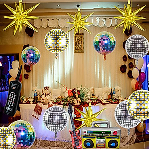 80s 90s Party Decorations, 15Pcs Disco Ball Balloons Gold Explosion Star Foil Balloons Inflatable Boom Box Guitar Mobile Phone Balloons for 80s 90s Hip Hop Theme Birthday Party Decor Supplies