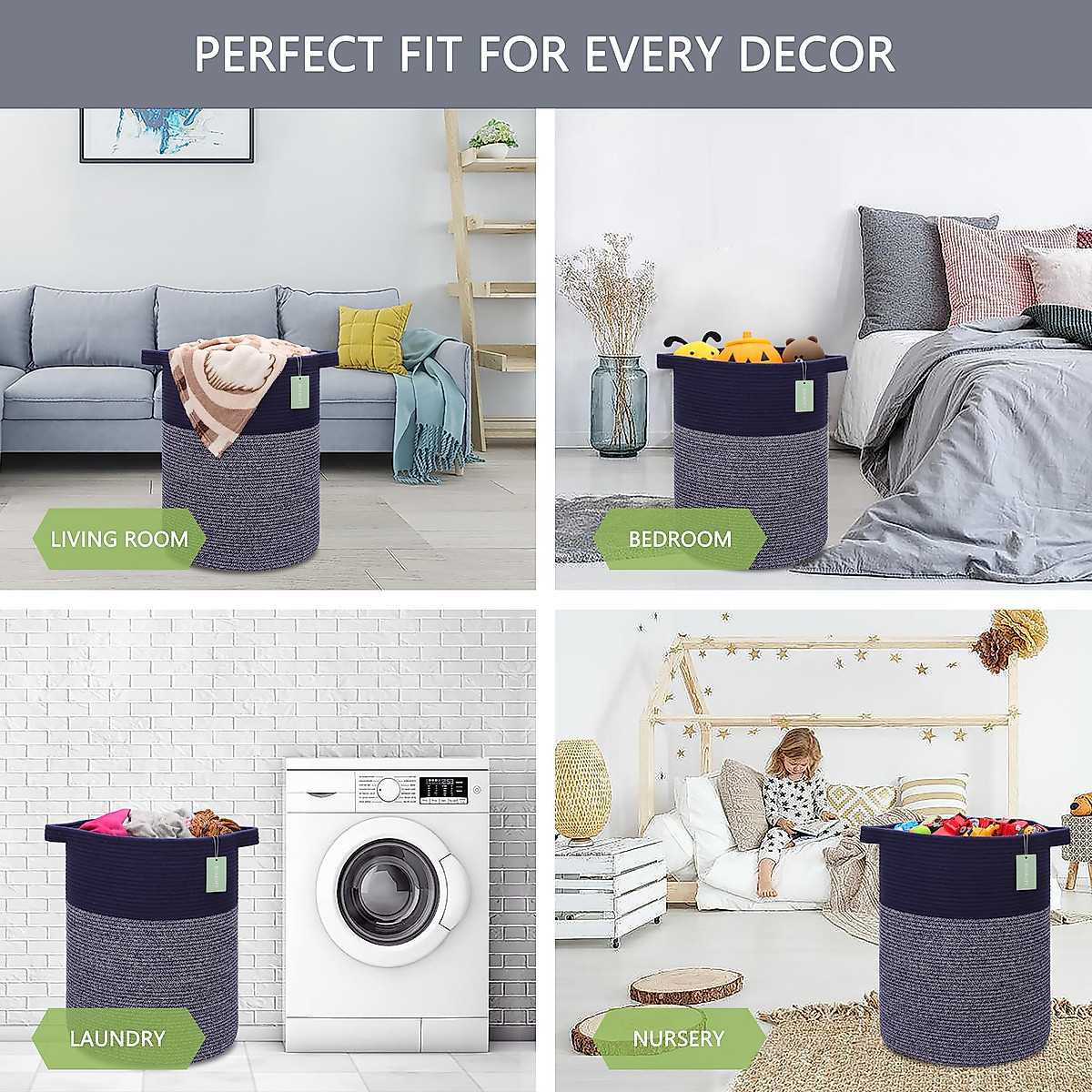 BOSROTY Large Laundry Hamper Basket for Clothes 72L, Nursery Hamper, Blanket Basket, Clothes Basket Laundry, Tall Laundry Basket for Blanket Towels, Woven Basket, Toy Basket, 16”x 22”, Navy Blue