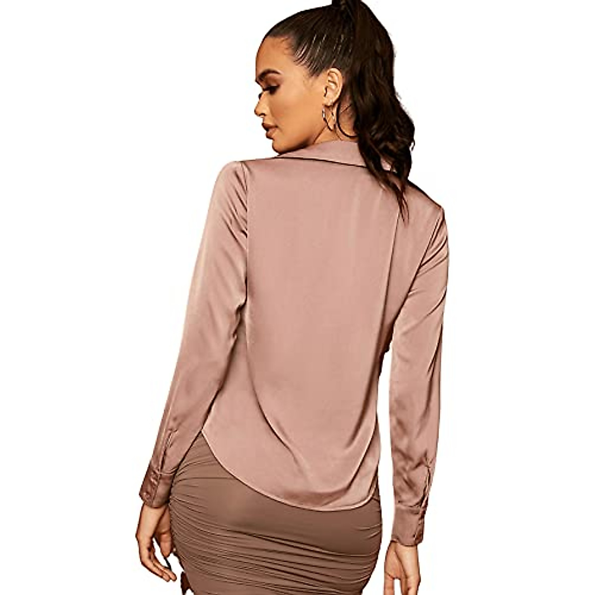 Floerns Women's Satin Long Sleeve Button Up Blouse Work Office Silky Shirts Tops A Pink M