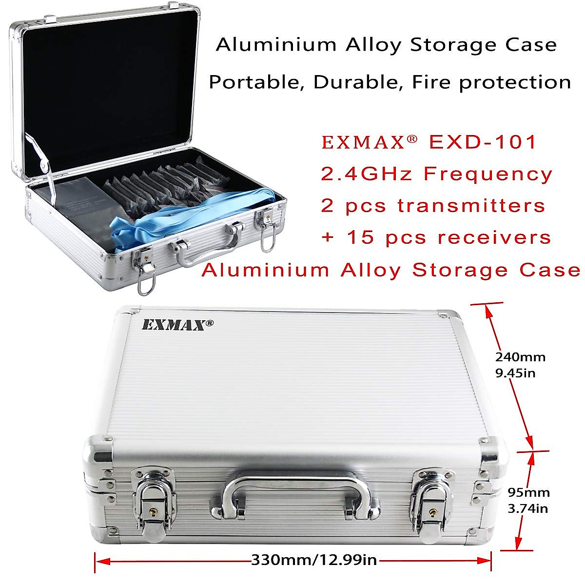 EXMAX EXD-101 2.4GHz Wireless Audio Tour Guide System for Industry Visit, Civic Meeting, Corporate/Government Visitant Reception, Student Training - 2 Transmitters 15 Receivers & Silver Storage Case