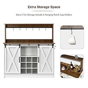 Farmhouse Coffee Bar Cabinet, 47'' Coffee Bar Station with 6 Hooks, Kitchen Coffee Bar with Hutch & 9 Wine Racks, Coffee Bars for Dining Room, White