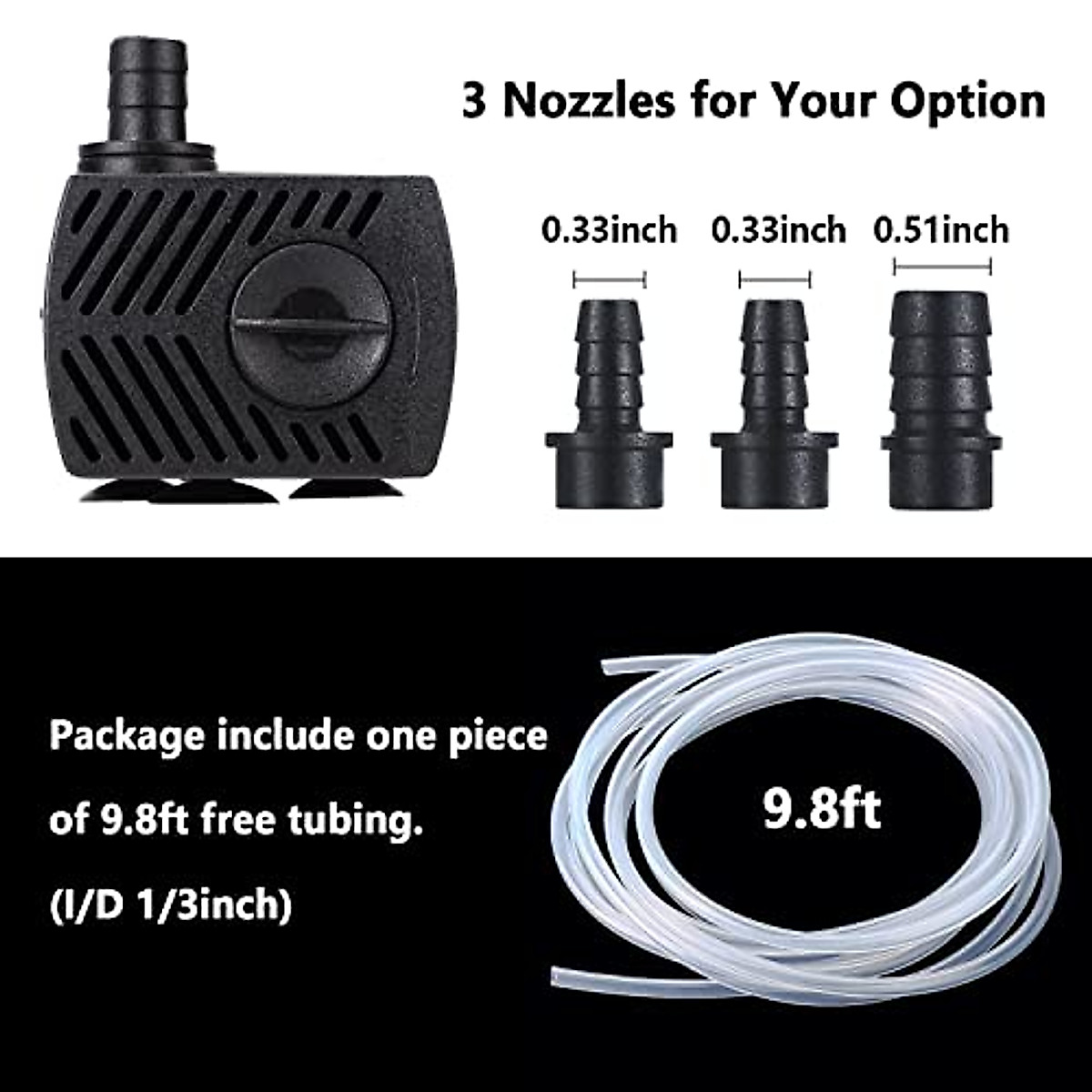 Submersible Fountain Pump 2 Packs 80GPH (4W 300L/H), Quiet Water Pump with 2.6ft High Lift, Fountain Water Pump with 9.8ft（3m）Tubing, 3 Nozzles for Fish Tank, Aquarium, Hydroponics, Statuary, Pond
