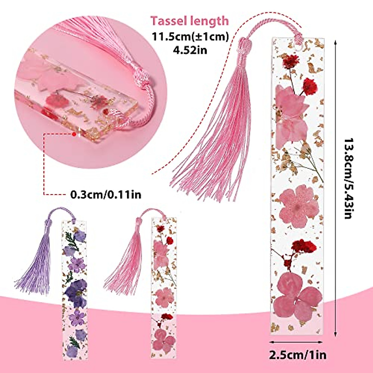 cobee Resin Dried Flower Bookmark, 2 Pieces Transparent Pressed Flower Bookmark Handmade Floral Page Marker with Tassel Cute Bookmark for Women Kids Book Lovers Gift