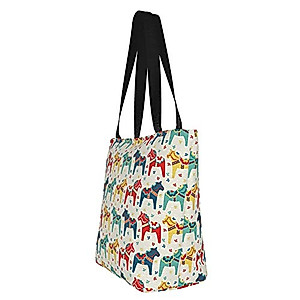 antcreptson Swedish Dala Horses Extra Large Canvas Shoulder Tote Top Storage Handle Bag for Gym Beach Weekender Travel Reusable Grocery Shopping,Black White